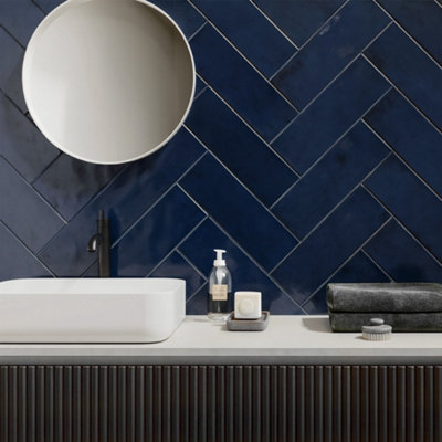 Top Ceramics Blue Gloss Metro Ceramic Wall Tile Flat Bumpy (L)300mm x ...