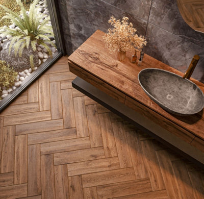Top Ceramics Dark Oak Porcelain Wood Effect Matt Floor & Wall Tile (L ...