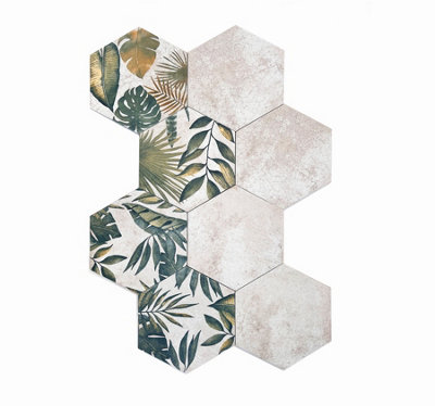 Top Ceramics Floral Green Hexagon Floor Wall Tile (L)22.5cm x (W)22.9cm ...