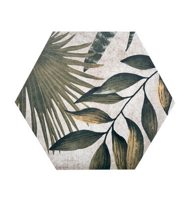 Top Ceramics Floral Green Hexagon Floor Wall Tile (L)22.5cm x (W)22.9cm ...