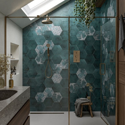Top Ceramics Green Hexagon Decor Porcelain Floor Wall Tile (L)21.5cm x ...