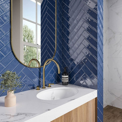 Top Ceramics Navy Blue Gloss Flat Bumpy Metro Ceramic Wall Tile - Sample