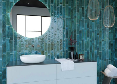 Top Ceramics Turquoise Green Gloss Metro Ceramic Wall Tile Flat Bumpy L 250mm x W 65mm Each box 0.82sqm