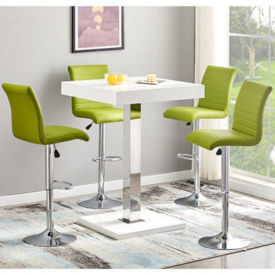 Topaz White High Gloss Bar Table With 4 Ripple Green Stools at B&Q