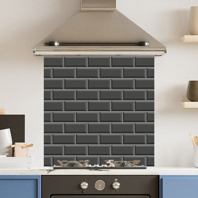 Toughened 6mm Glass Kitchen Splashback 60 x 60cm Black Metro Tile ...