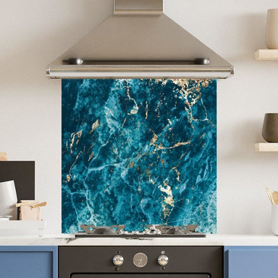 Toughened 6mm Glass Kitchen Splashback 60 x 60cm Dark Blue Gold Marble ...