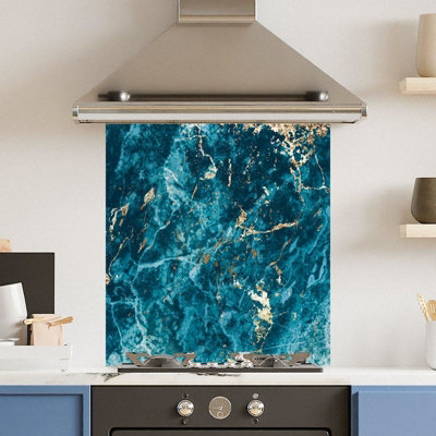 Toughened 6mm Glass Kitchen Splashback 60 x 65cm Dark Blue Gold Marble ...