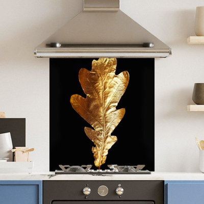 Toughened 6mm Glass Kitchen Splashback 60 x 65cm Gold Black Leaf - Polished Edge Heat Resistant ...