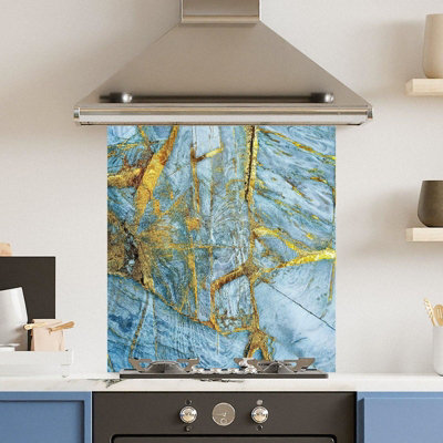 Toughened 6mm Glass Kitchen Splashback 60 x 65cm Light blue Gold Marble ...