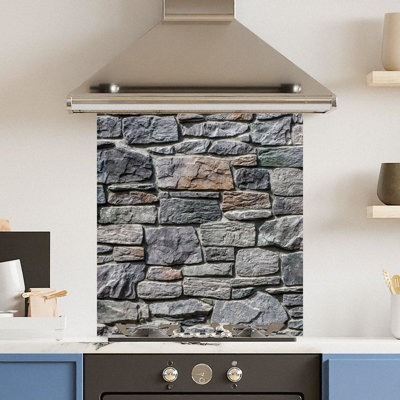 Toughened 6mm Glass Kitchen Splashback 60 x 65cm Stone Wall - Polished ...