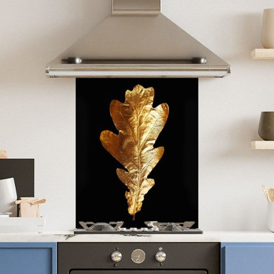 Toughened 6mm Glass Kitchen Splashback 60 x 75cm Gold Black Leaf ...
