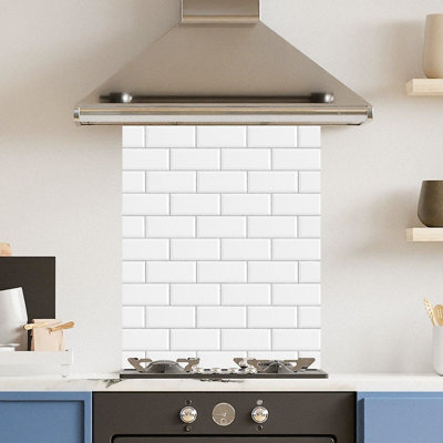 Toughened 6mm Glass Kitchen Splashback 60 x 75cm White Metro Tile ...