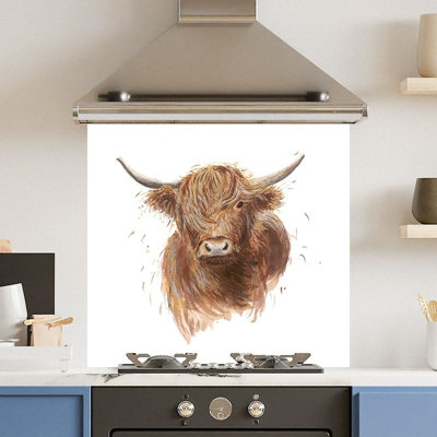 Toughened 6mm Glass Kitchen Splashback 70 x 65cm Drawn Cow - Polished ...