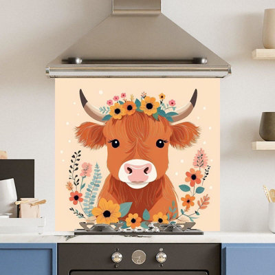 Toughened 6mm Glass Kitchen Splashback 70 x 65cm Floral Cow - Polished ...