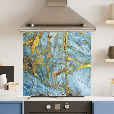 Toughened 6mm Glass Kitchen Splashback 70 x 65cm Light blue Gold Marble ...