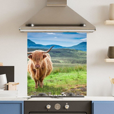 Toughened 6mm Glass Kitchen Splashback 70 x 75cm Green Highland Cow ...