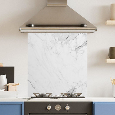 Toughened 6mm Glass Kitchen Splashback 70 x 75cm White Veiny Marble ...