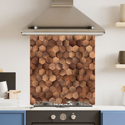 Toughened 6mm Glass Kitchen Splashback 70 x 75cm Wooden Hex - Polished ...