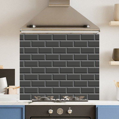 Toughened 6mm Glass Kitchen Splashback 90 x 65cm Black Metro Tile ...