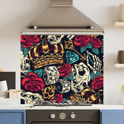 Toughened 6mm Glass Kitchen Splashback 90 x 65cm Blue Red Skull Tattoo ...
