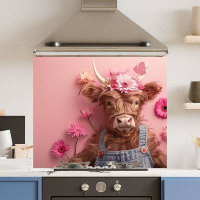 Toughened 6mm Glass Kitchen Splashback 90 x 65cm Pink Floral Cow ...