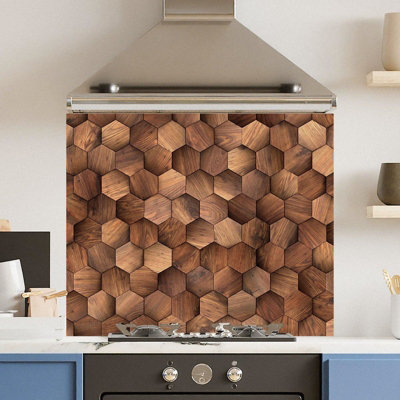 Toughened 6mm Glass Kitchen Splashback 90 x 65cm Wooden Hex - Polished ...