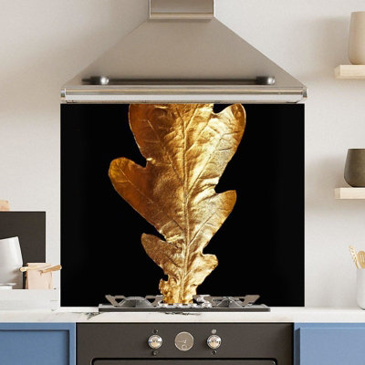 Toughened 6mm Glass Kitchen Splashback 90 x 75cm Gold Black Leaf - Polished Edge Heat Resistant ...