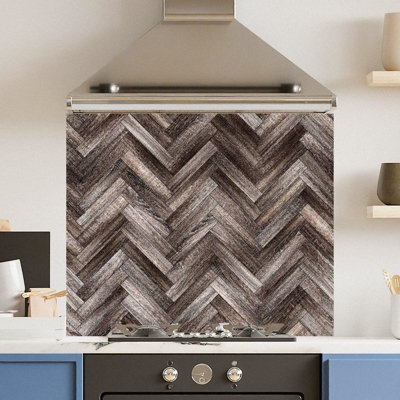 Toughened 6mm Glass Kitchen Splashback 90 x 75cm Herringbone Wood ...