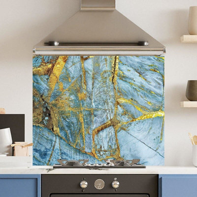 Toughened 6mm Glass Kitchen Splashback 90 x 75cm Light blue Gold Marble ...