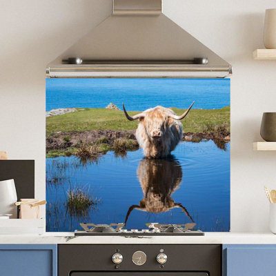 Toughened 6mm Glass Kitchen Splashback 90 x 75cm Water Highland Cow ...