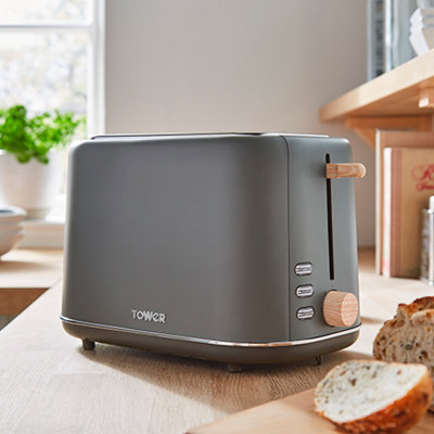 Tower Scandi 2 Slice Toaster Set Wood Effect Handles - Grey