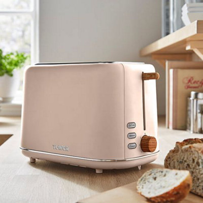 Tower Scandi 2 Slice Toaster Set Wood Effect Handles - Pink Clay