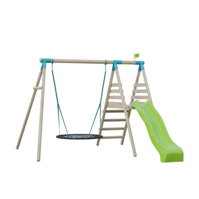 TP Knightswood Double & Deck Wooden Swing Set With Giant Nest Swing ...