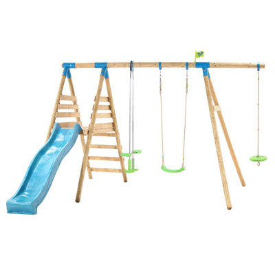 TP Knightswood Triple Wooden Swing & Slide Set With Glide Ride & Button ...