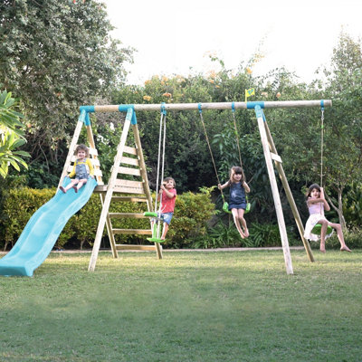 TP Knightswood Triple Wooden Swing & Slide Set With Glide Ride & Button ...