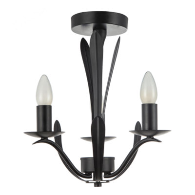 Traditional 3-Arm Ceiling Light in Matte Black with Metal Leaves