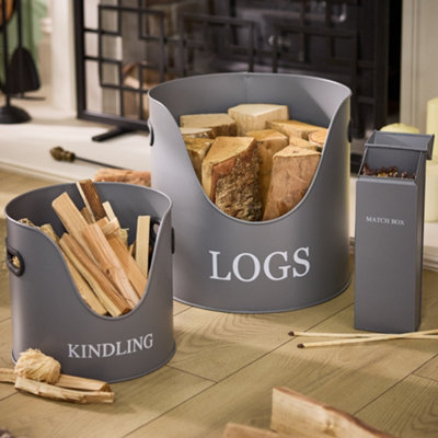 Traditional 3pc Fireside Log Basket, Kindling Bucket, Log Storage with ...