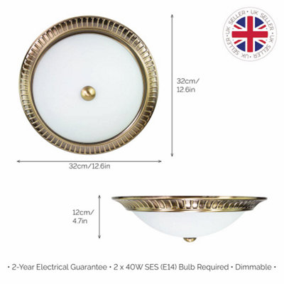 Traditional Antique Brass Flush Ceiling Light Fitting with Opal Glass ...