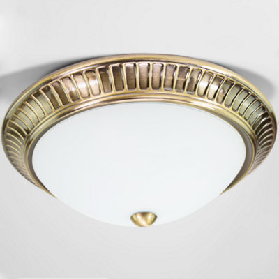 Traditional Antique Brass Flush Ceiling Light Fitting with Opal Glass ...