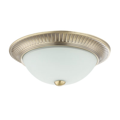 Traditional Antique Brass Flush Ceiling Light Fitting with White Glass ...