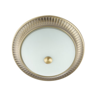 Traditional Antique Brass Flush Ceiling Light Fitting with White Glass ...