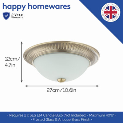 Traditional Antique Brass Flush Ceiling Light Fitting with White Glass ...