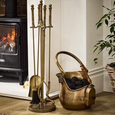 Traditional Antique Brass Heritage Fireplace Companion Set with Coal Bucket