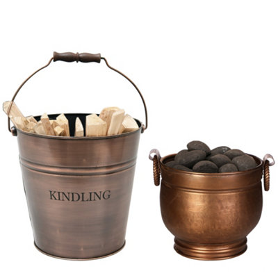Traditional Antique Copper Kindling Storage Bucket with Round Footed ...