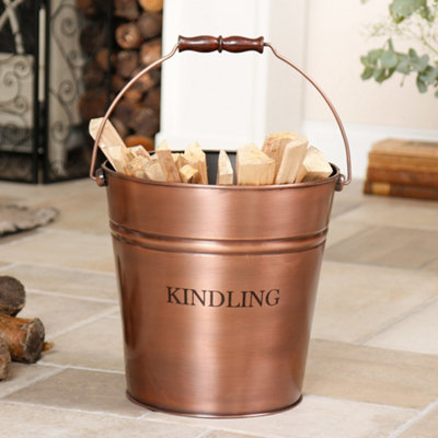 Traditional Antique Copper Kindling Storage Bucket with Round Footed ...