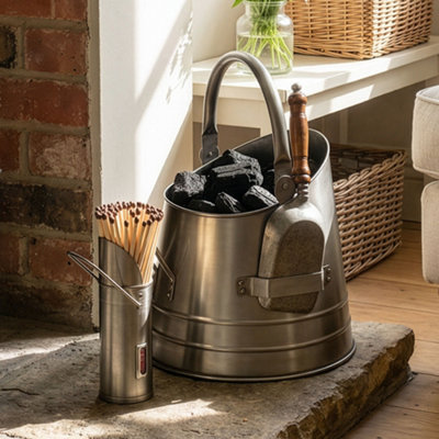 Traditional Antique Style Silver Coal Bucket with Silver Matches ...