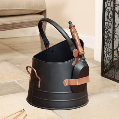 Traditional Black Copper Fireside Coal Bucket with Scoop