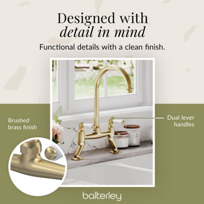 Traditional Bridge Mixer Kitchen Tap with Lever Handles - Brushed Brass