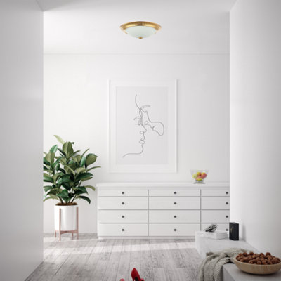 Traditional Brushed Gold Flush Ceiling Light Fitting with Opal Glass ...