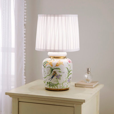 Traditional Ceramic Floral Table Lamp with White Pleated Shade 44cm ...
